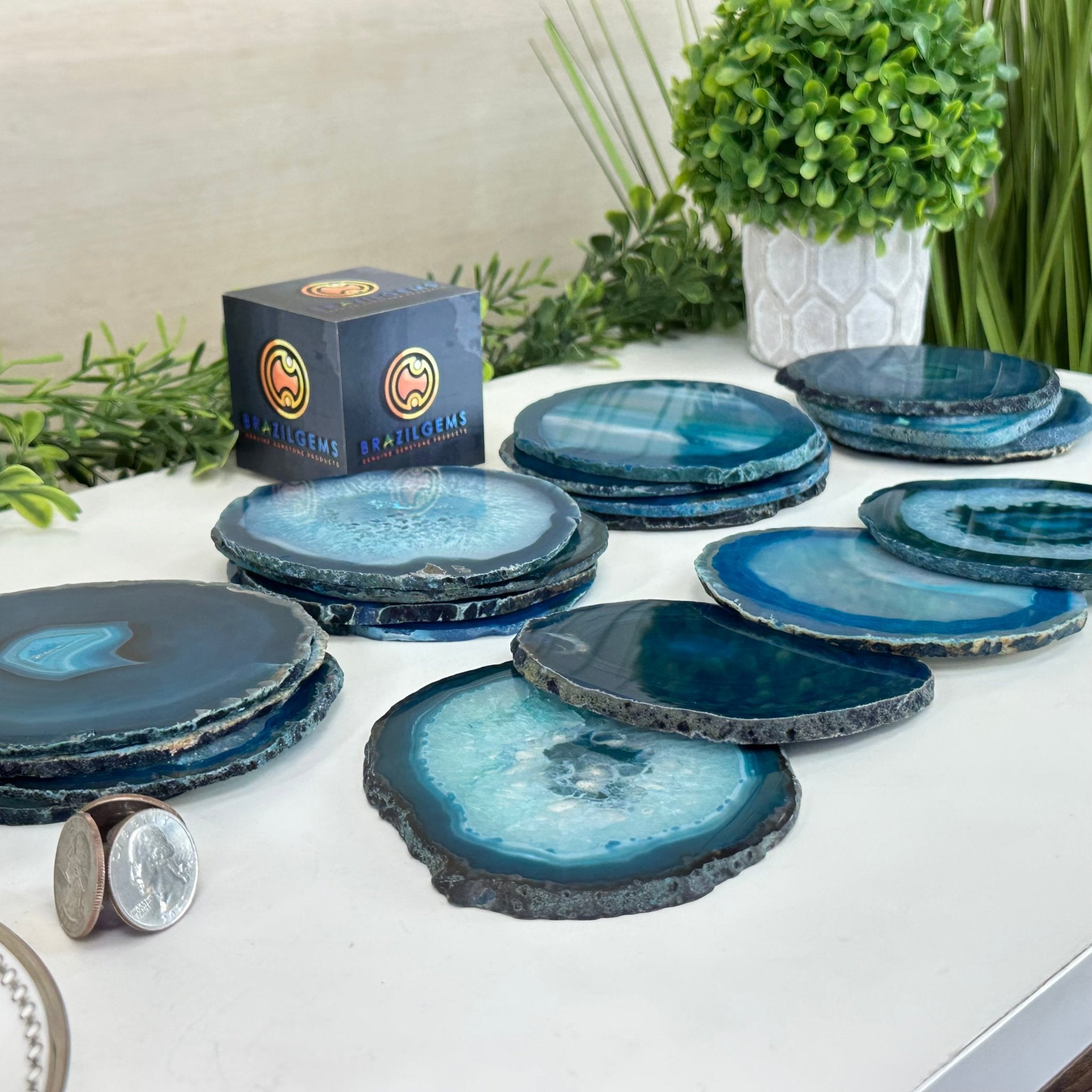 Teal Agate Coasters w silicone bumpers 3.5 to 4.5 each 4 piece set Model 5202TEAL by Brazil Gems