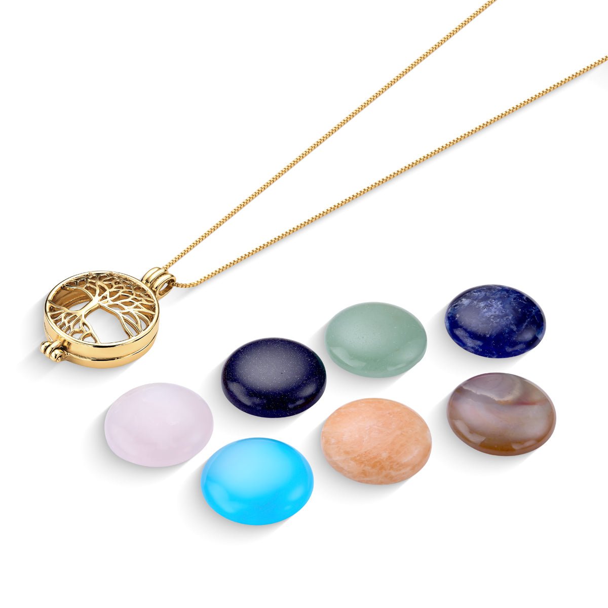 Tree of Life Locket w/ 7 Interchangeable Gemstones 18K Gold Plated Nec ...